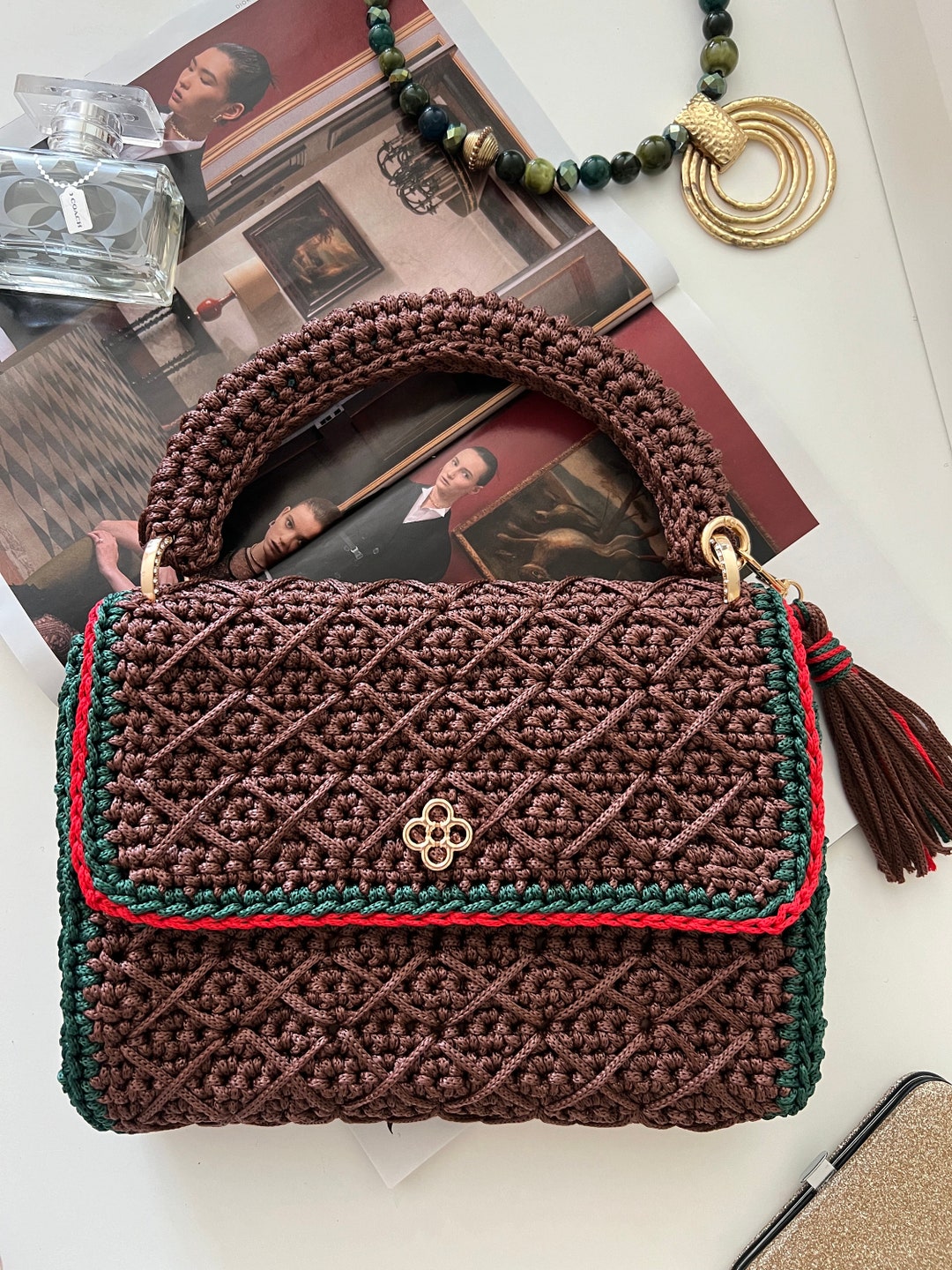 Handmade Crochet Mocha Brown Handbag Chic Evening Bag, Designer Style ...