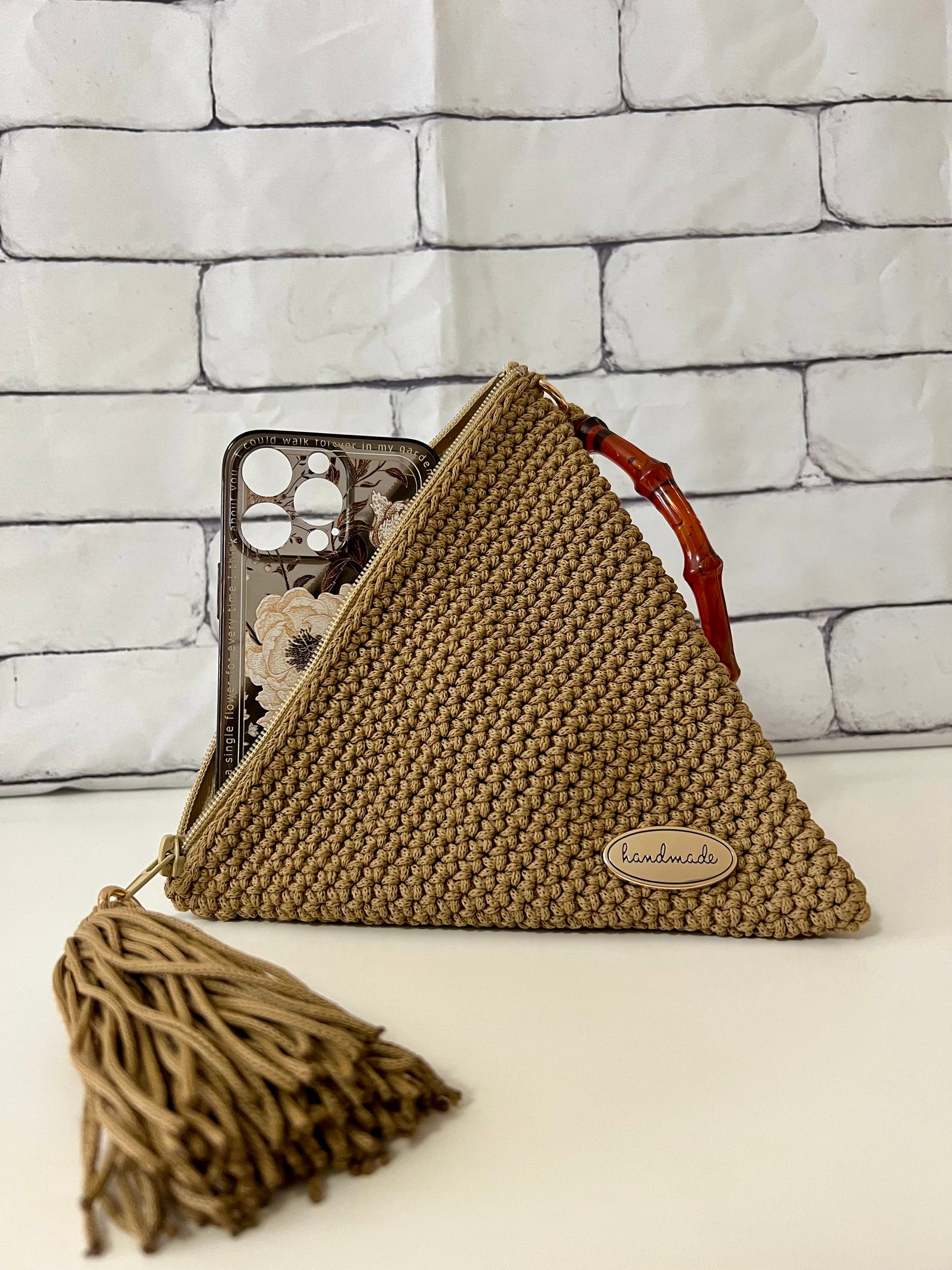Handmade Crochet Pyramid Handbag: Sandy Beige Clutch With Gold Accents ...