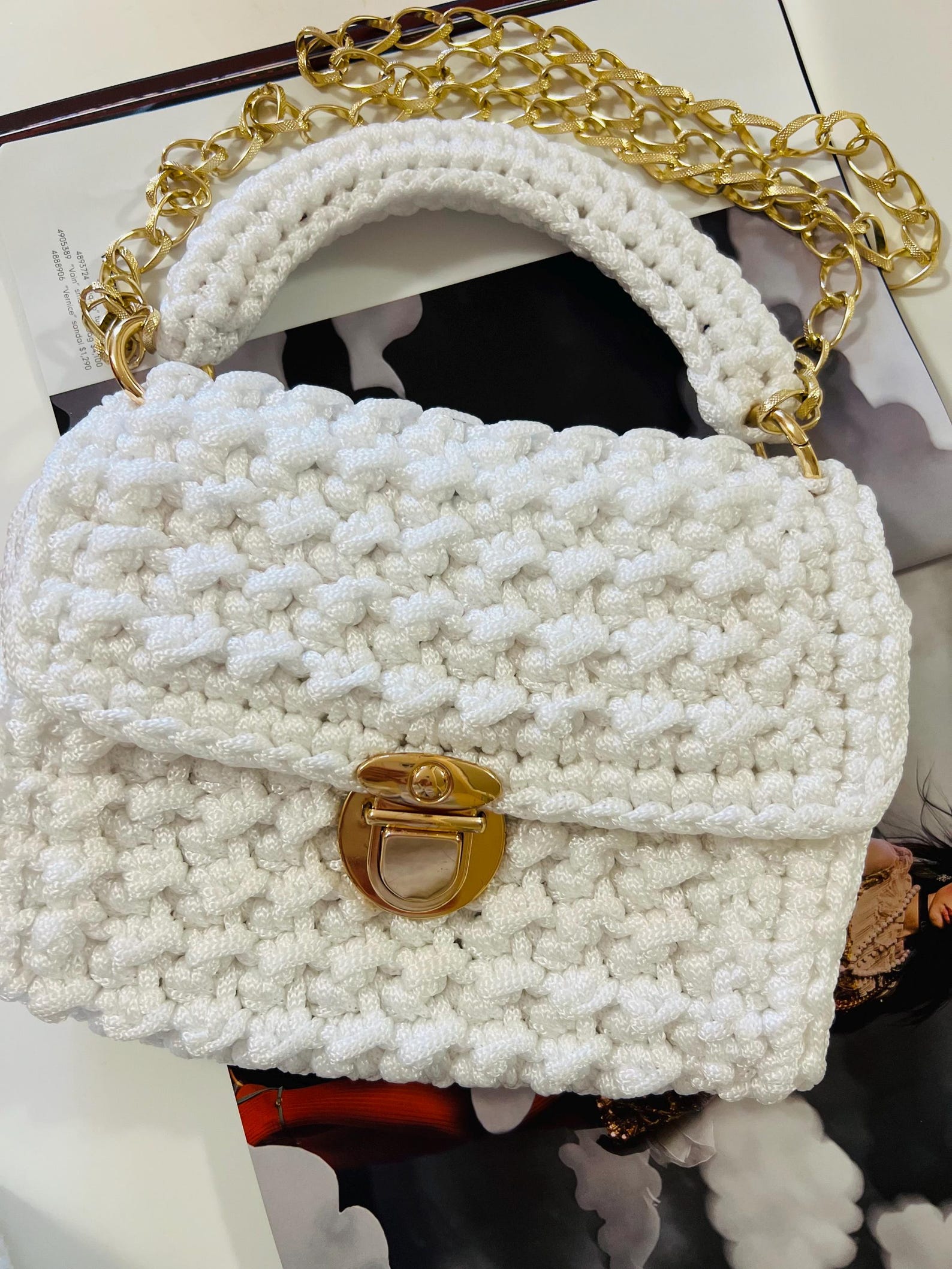 Handmade White Chunky Crochet Purse With Gold Chain – Luxurious, Unique ...