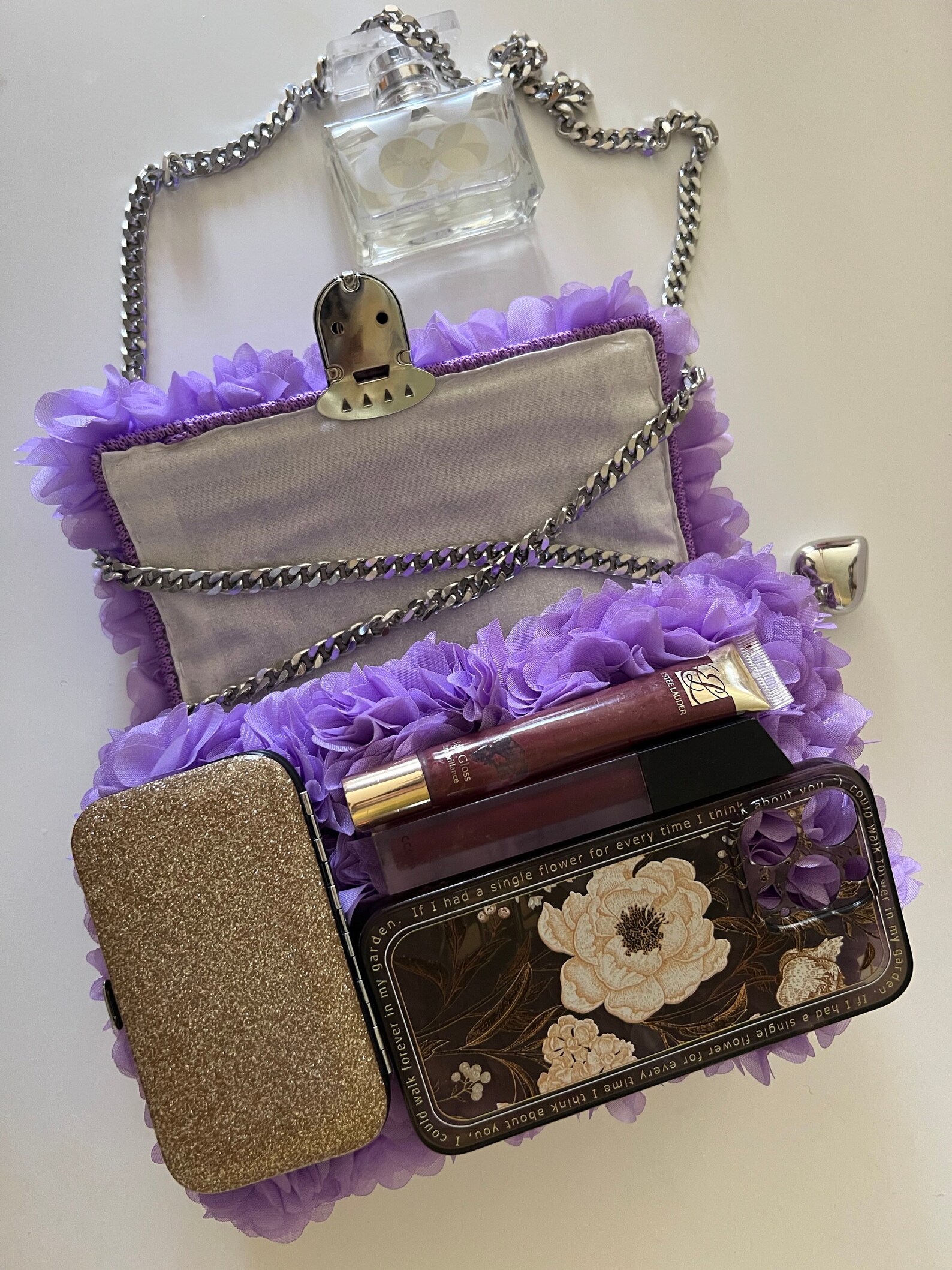 Handmade Purple Flower Chiffon Handbag W Silver Chain Strap & Heart ...