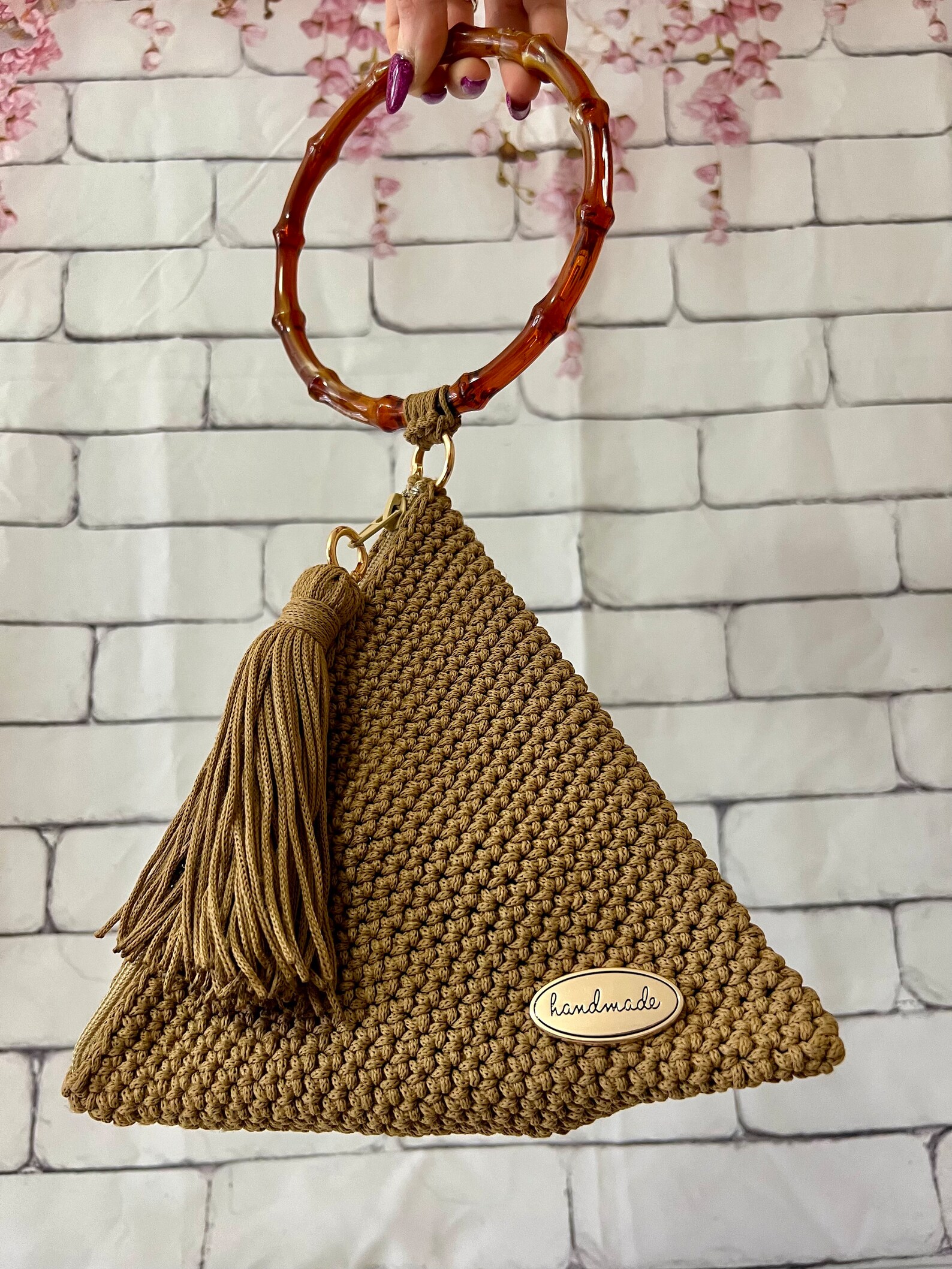 Handmade Crochet Pyramid Handbag: Sandy Beige Clutch With Gold Accents ...