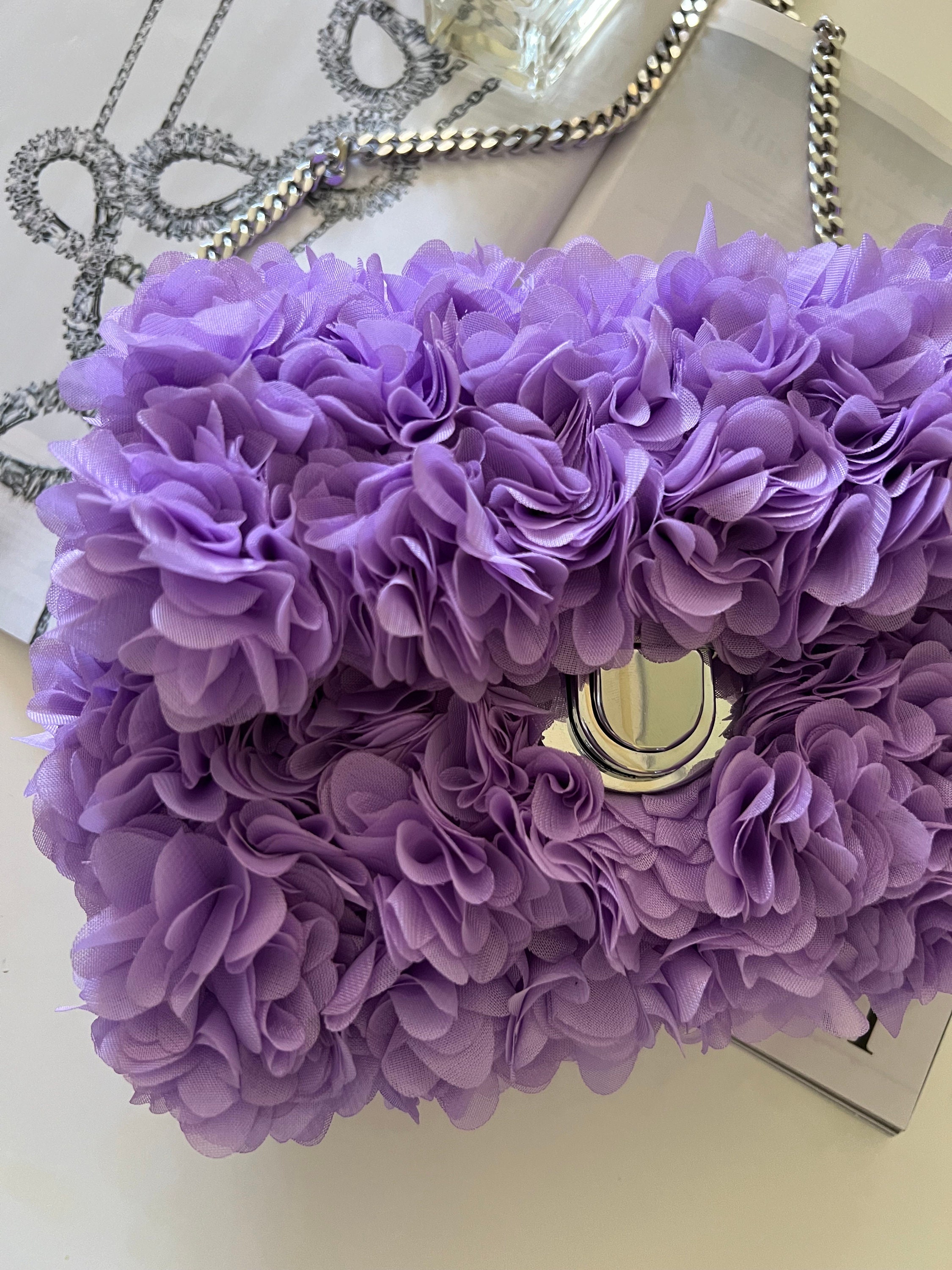 Handmade Purple Flower Chiffon Handbag W Silver Chain Strap & Heart ...