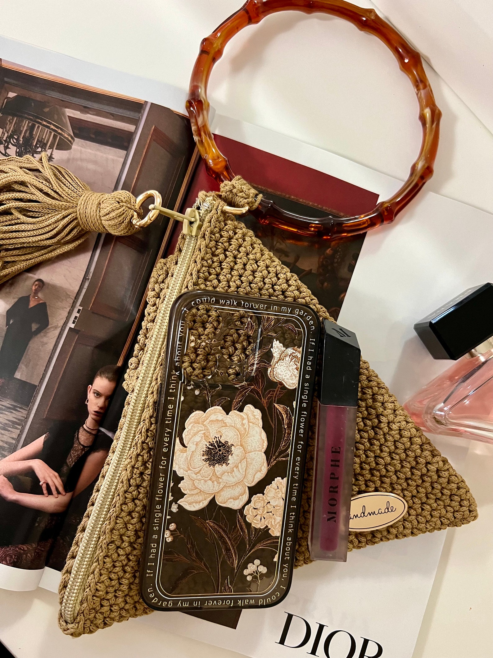 Handmade Crochet Pyramid Handbag: Sandy Beige Clutch With Gold Accents ...