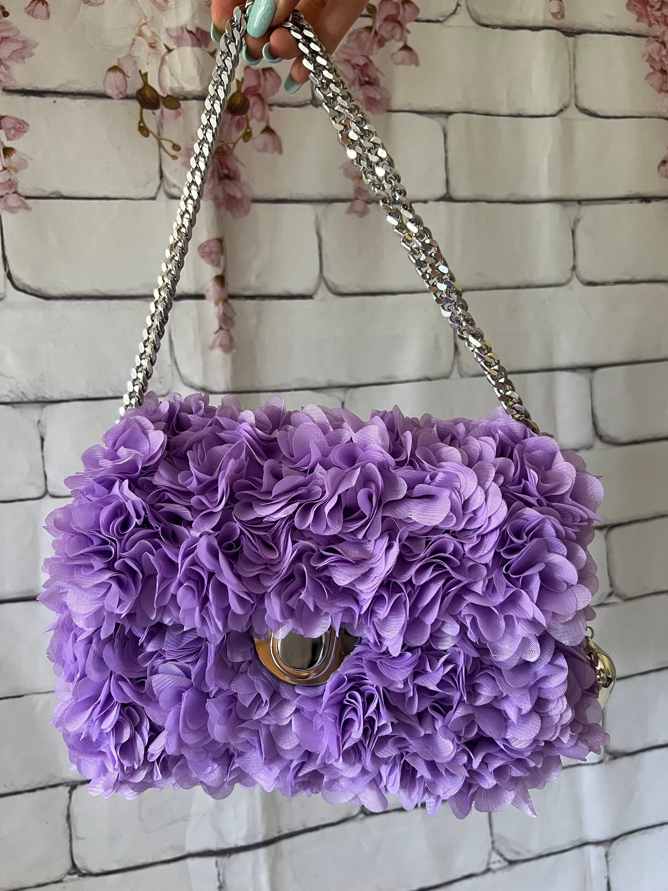 Handmade Purple Flower Chiffon Handbag W Silver Chain Strap & Heart ...