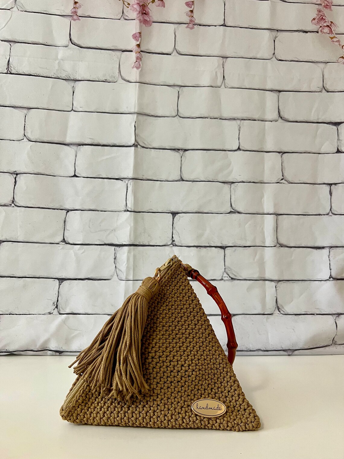 Handmade Crochet Pyramid Handbag: Sandy Beige Clutch With Gold Accents ...