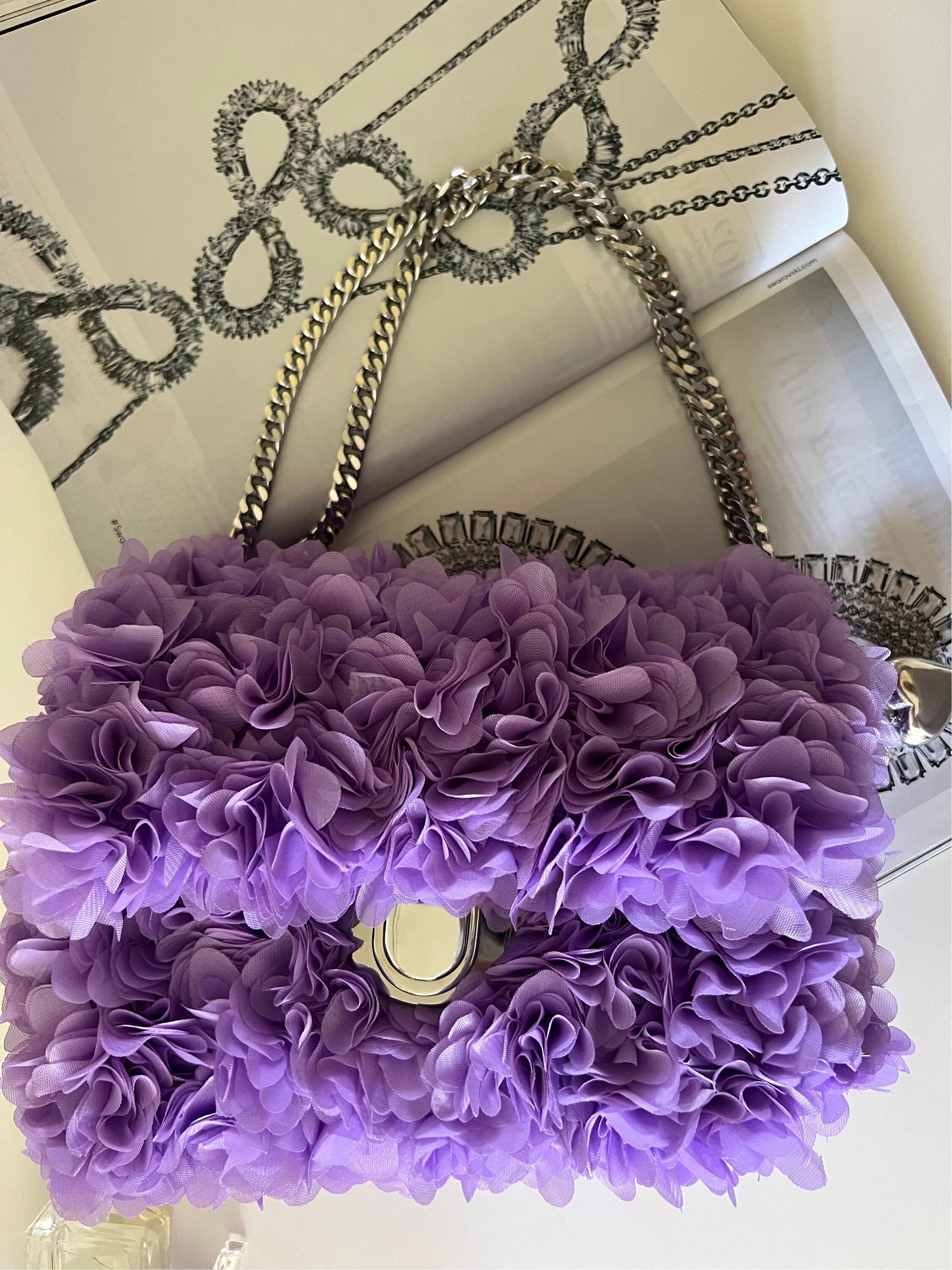 Handmade Purple Flower Chiffon Handbag W Silver Chain Strap & Heart ...