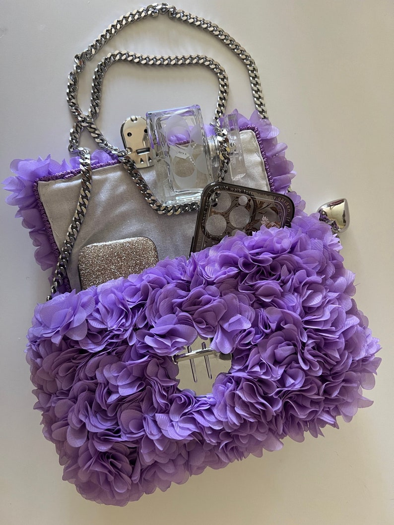 Handmade Purple Flower Chiffon Handbag W Silver Chain Strap & Heart ...