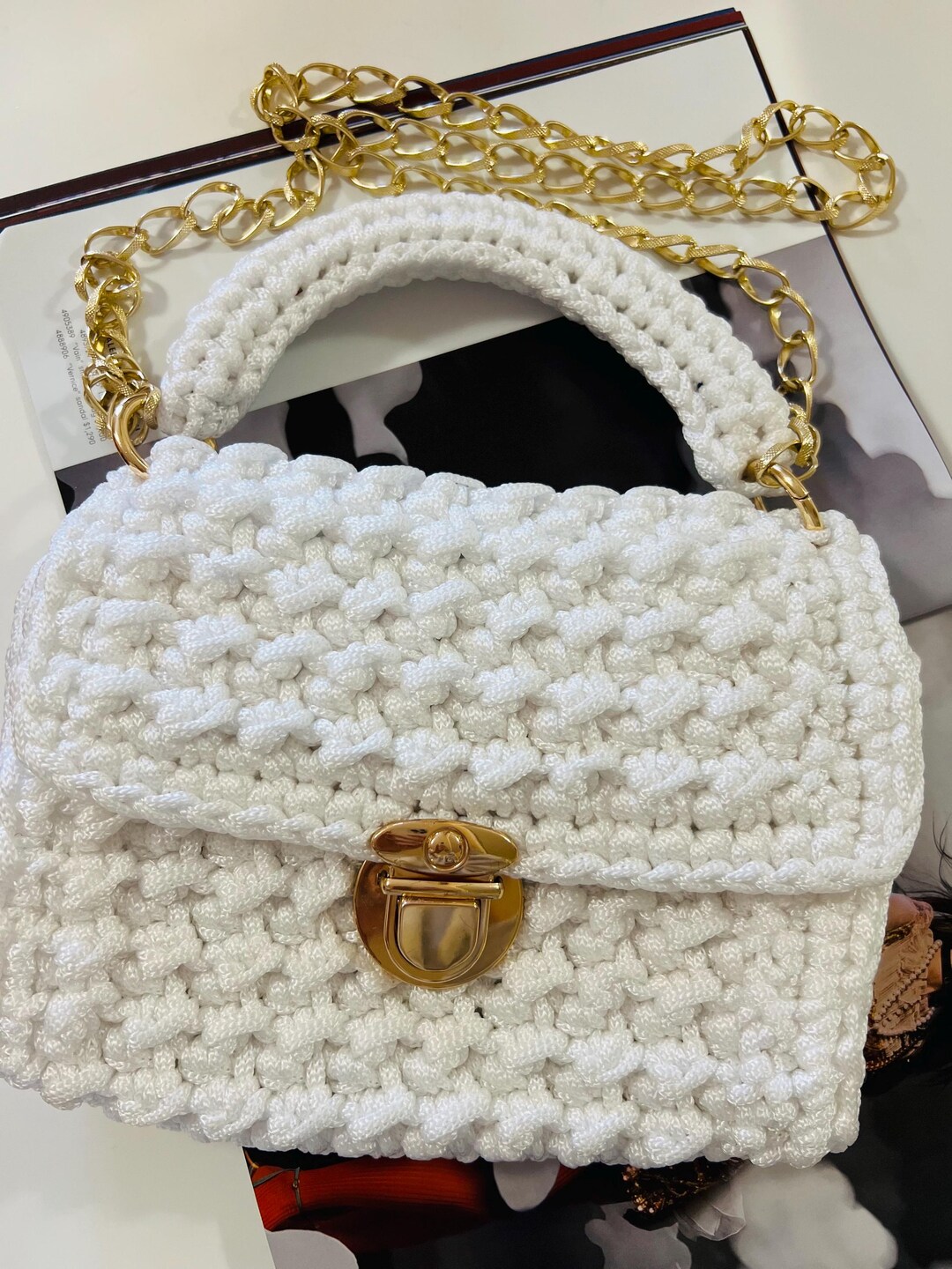 Handmade White Chunky Crochet Purse With Gold Chain – Luxurious, Unique ...