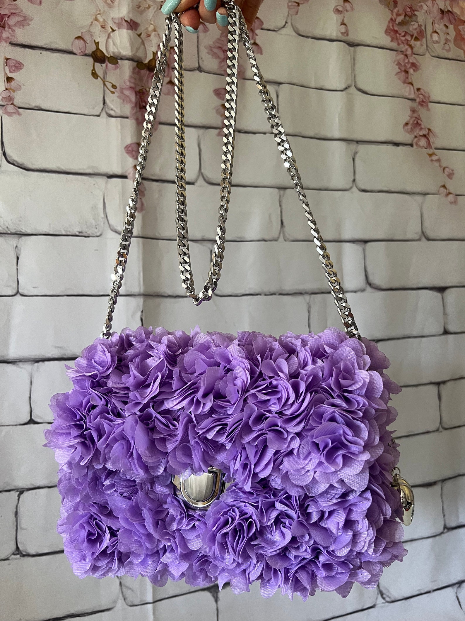 Handmade Purple Flower Chiffon Handbag W Silver Chain Strap & Heart ...