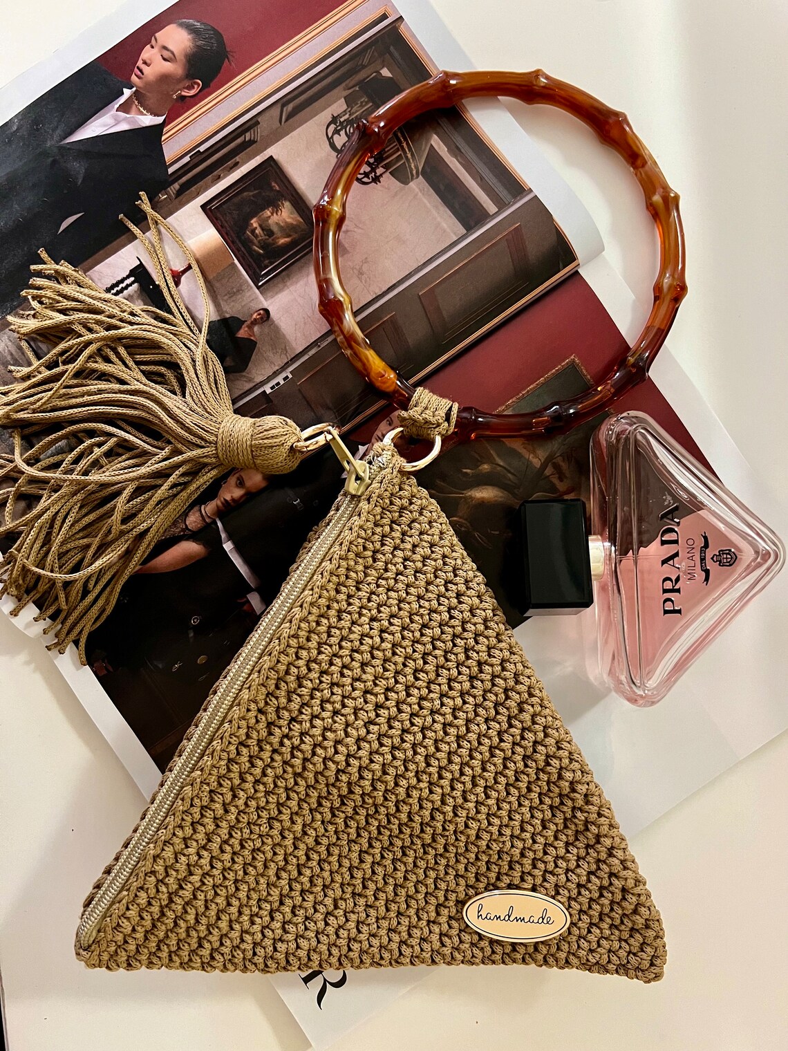 Handmade Crochet Pyramid Handbag: Sandy Beige Clutch With Gold Accents ...