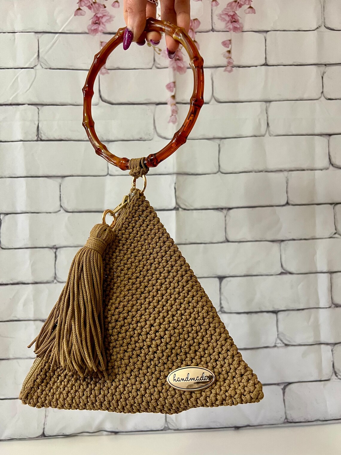 Handmade Crochet Pyramid Handbag: Sandy Beige Clutch With Gold Accents ...