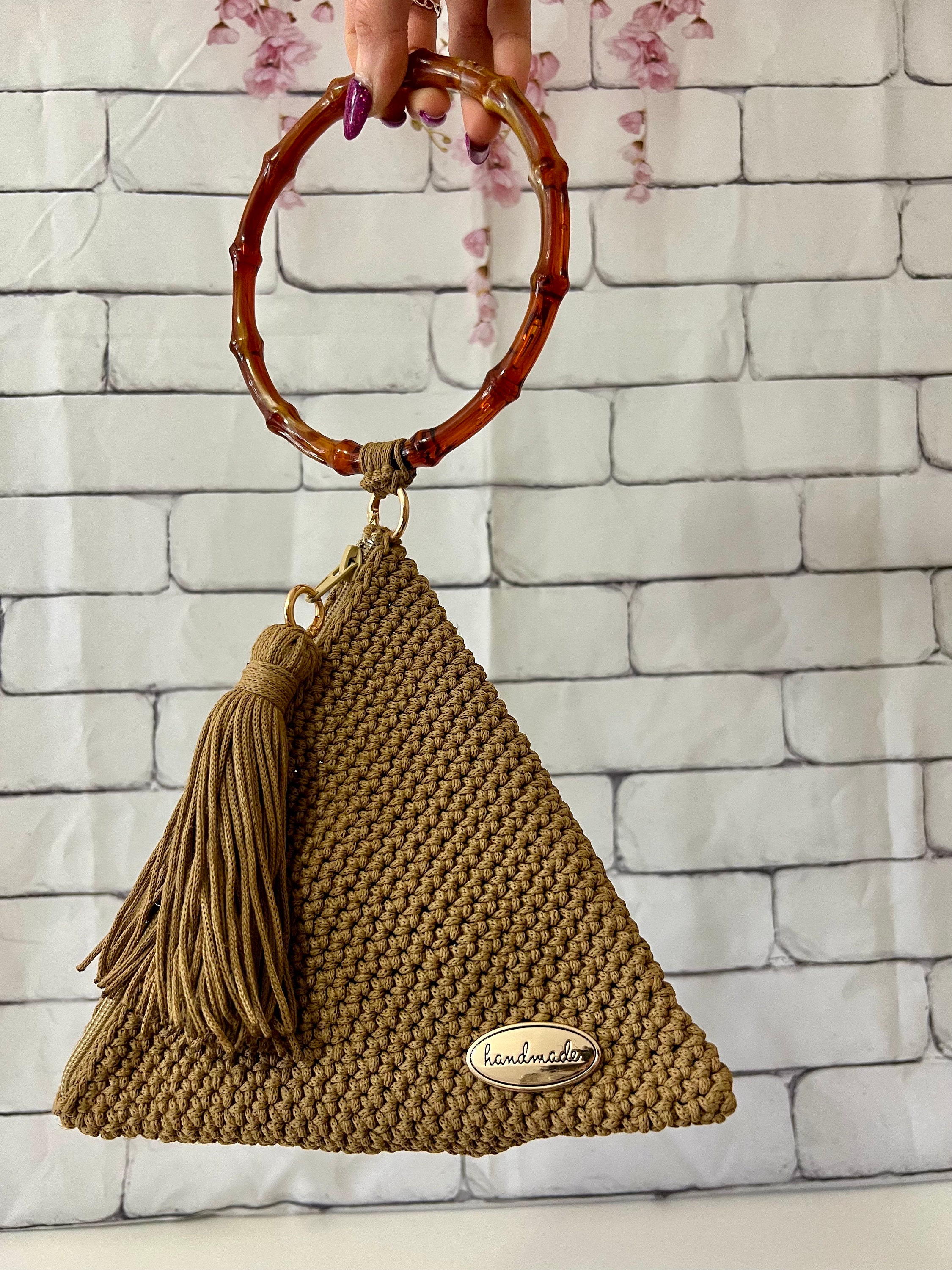 Handmade Crochet Pyramid Handbag: Sandy Beige Clutch With Gold Accents ...