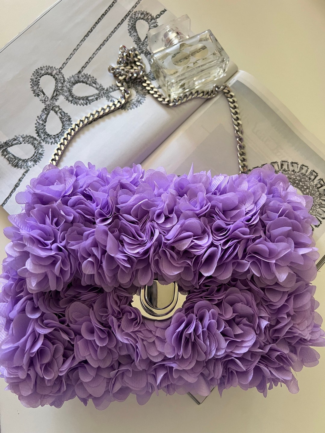 Handmade Purple Flower Chiffon Handbag W Silver Chain Strap & Heart ...