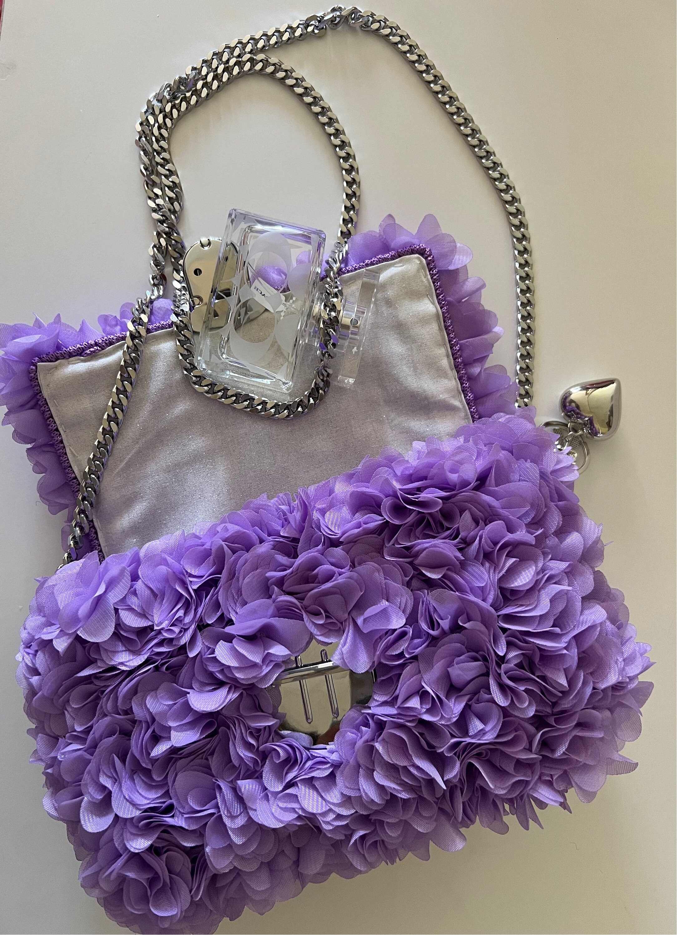 Handmade Purple Flower Chiffon Handbag W Silver Chain Strap & Heart ...