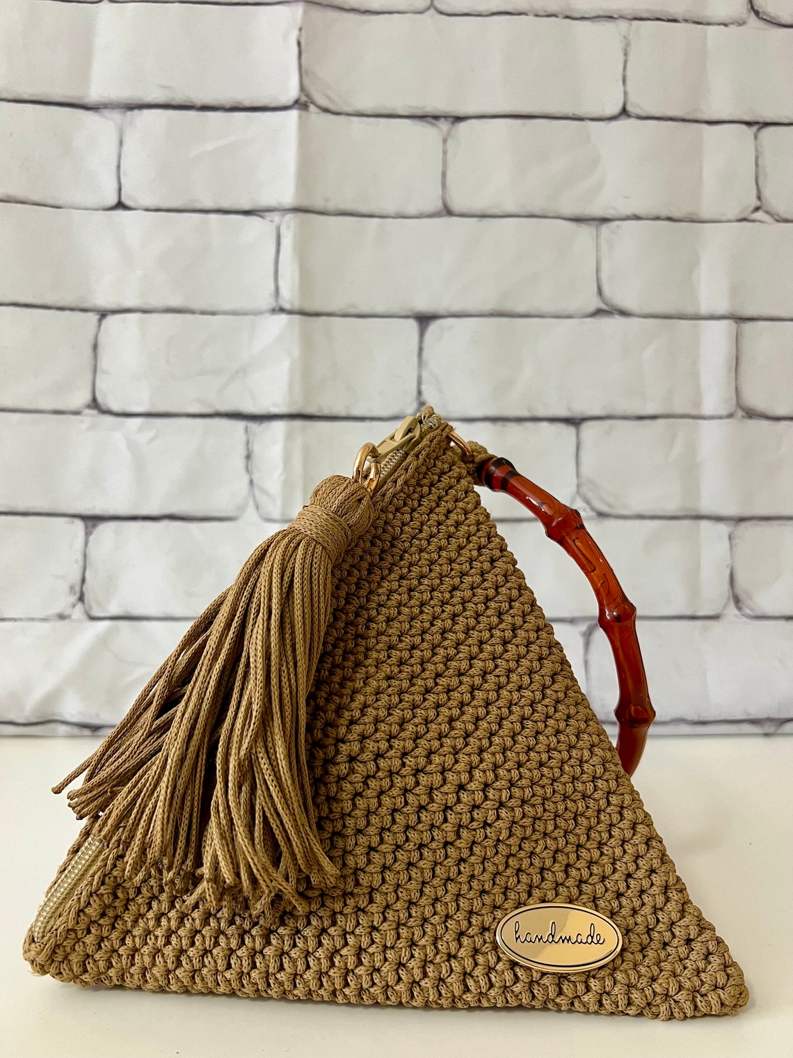 Handmade Crochet Pyramid Handbag: Sandy Beige Clutch With Gold Accents ...