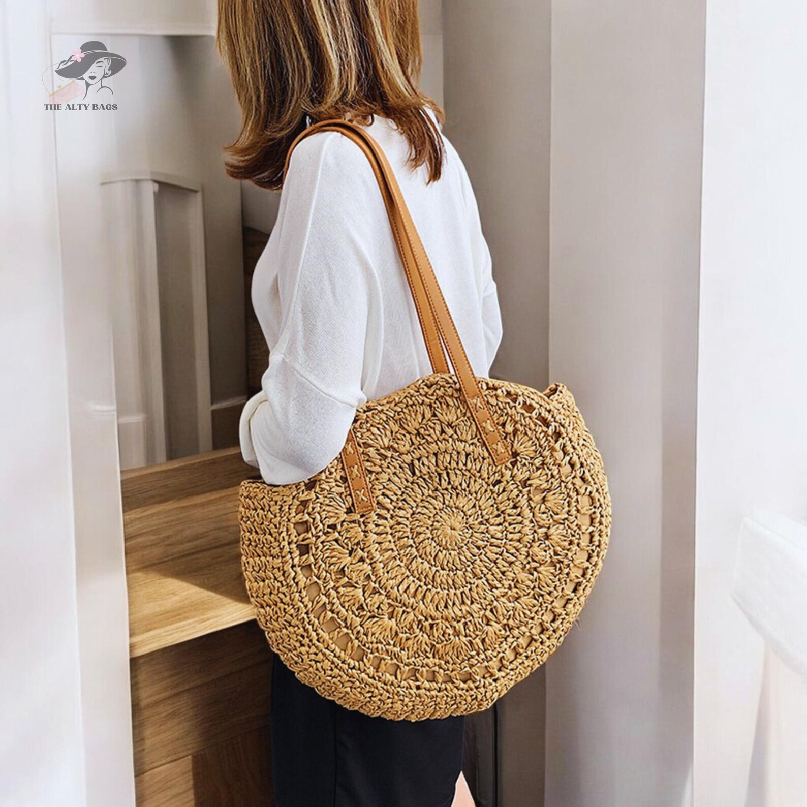 Round Straw Beach Tote, Woven Leather Strap Shoulder Bag - Etsy