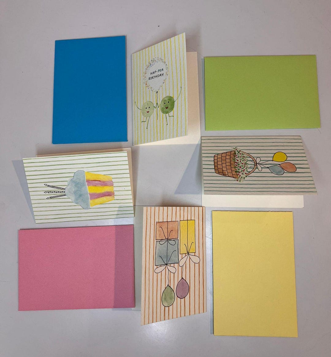 4 Cute Mini Cards Set, Original Designs Painted With Watercolor, With ...