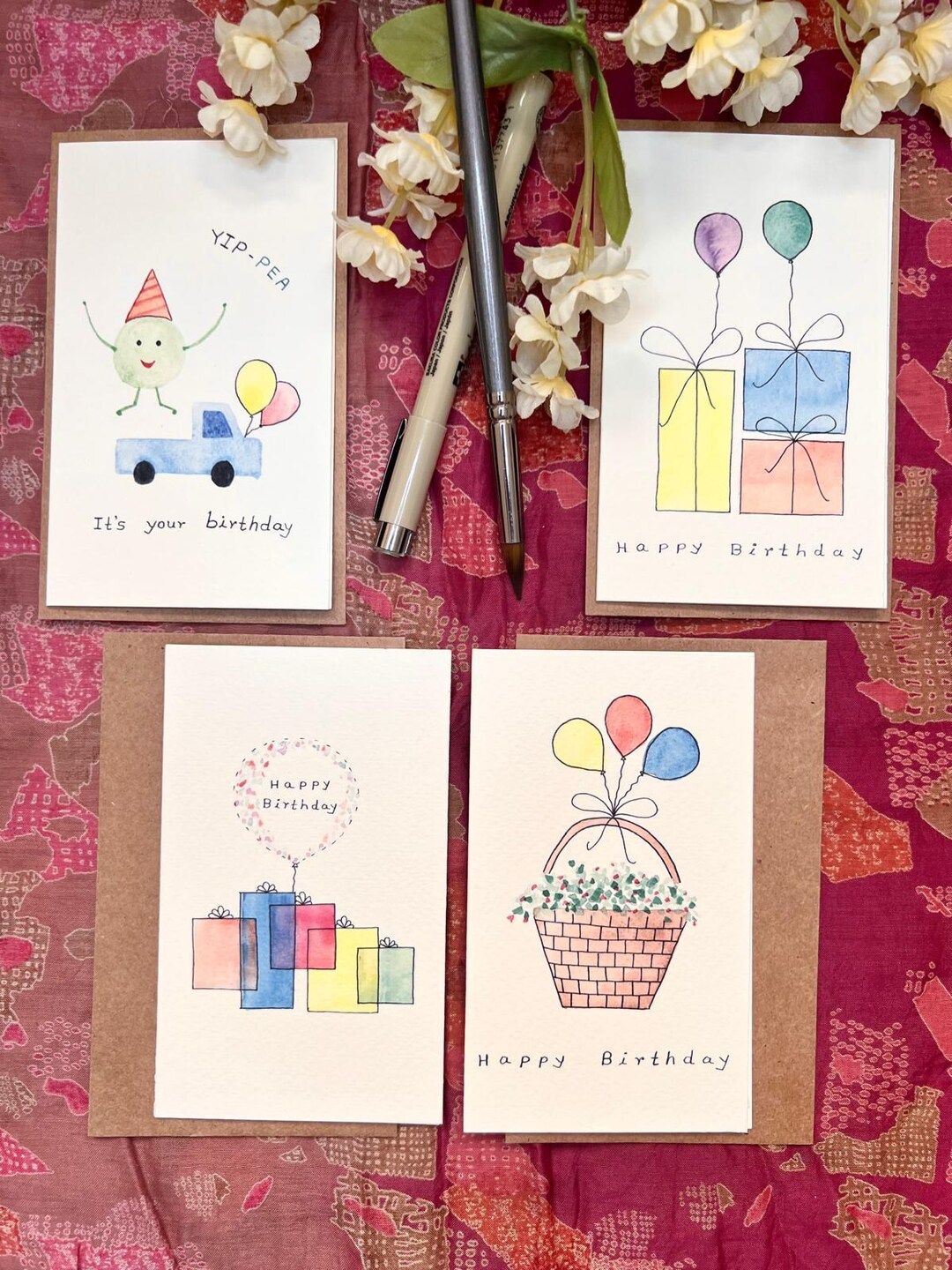 Handmade Watercolor Birthday Cards Set: Unique Designs With Envelopes ...