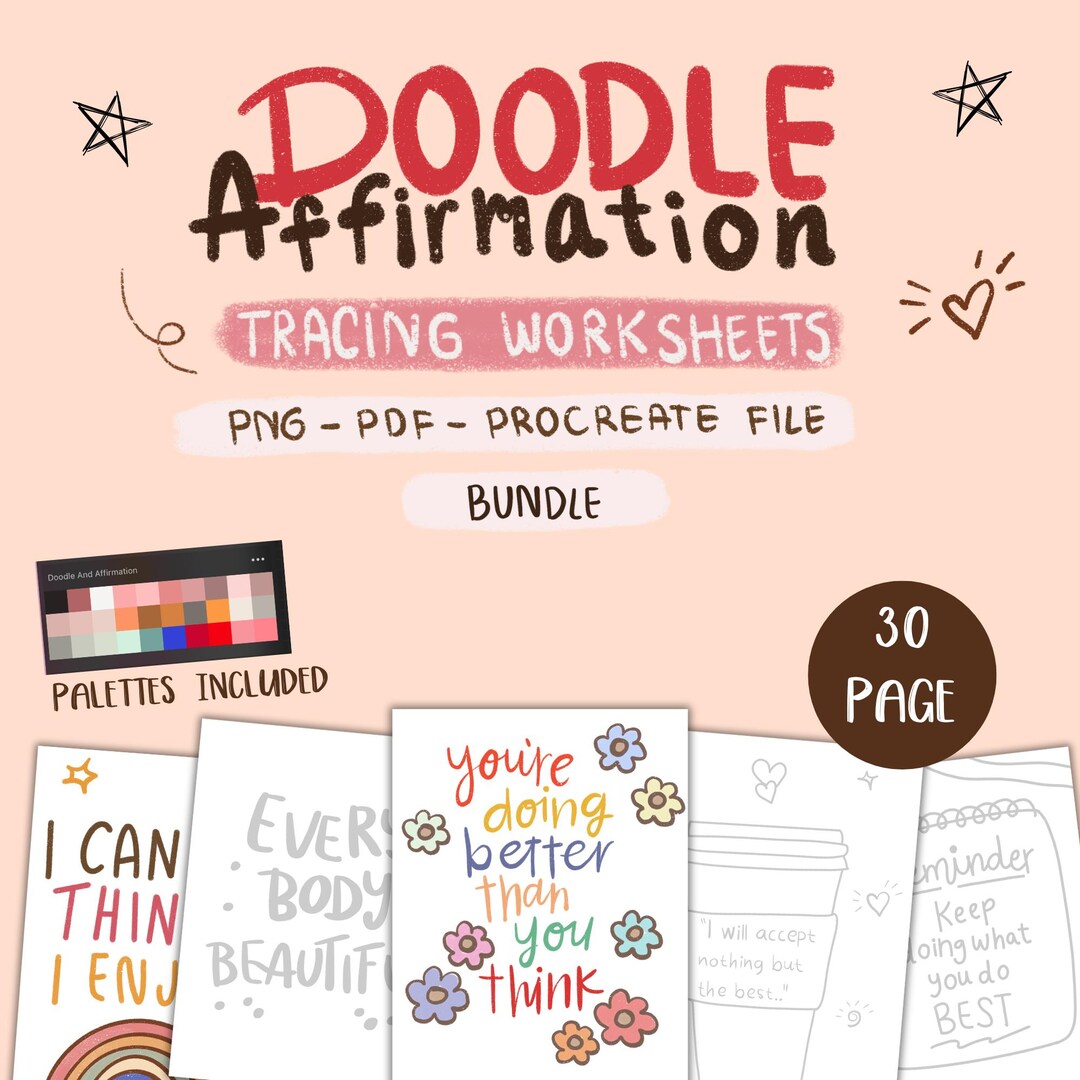 Doodles and Affirmations Tracing,tracing Procreate Workbook ,bundle ...