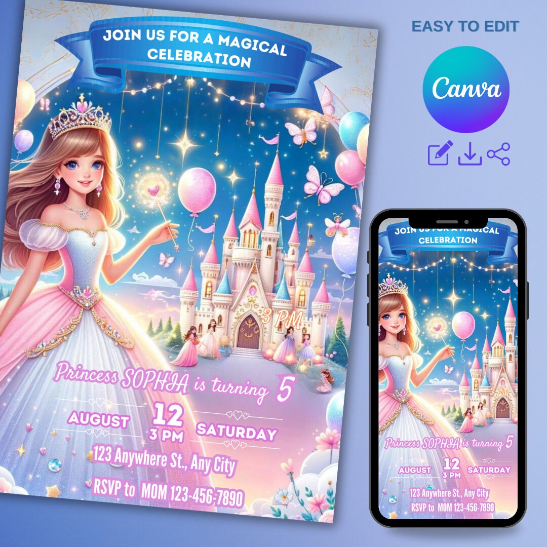 Princess Birthday Invitation, Editable Princess Invitation, Princess ...