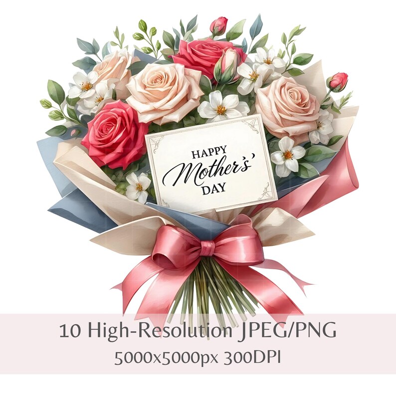 Floral Mom Bouquet PNG: Watercolor Mother's Day Clipart (instant ...