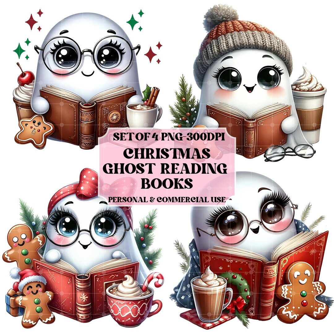 Christmas Ghost Reading PNG Clipart Set 4 High Quality 300 DPI Cute ...