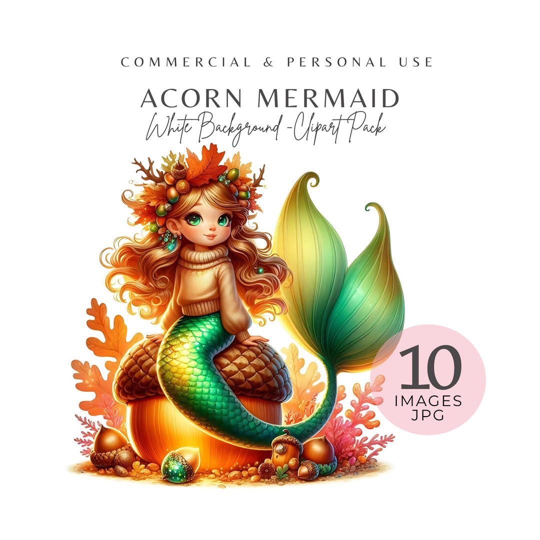 Acorn Mermaid Clipart - 10 Watercolor Autumn Mermaid Graphics, High-res ...