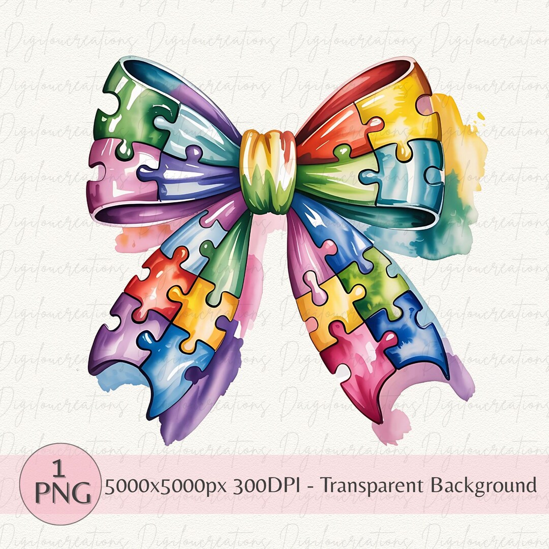Watercolor Autism Puzzle Bow PNG - Rainbow Autism Awareness PNG ...