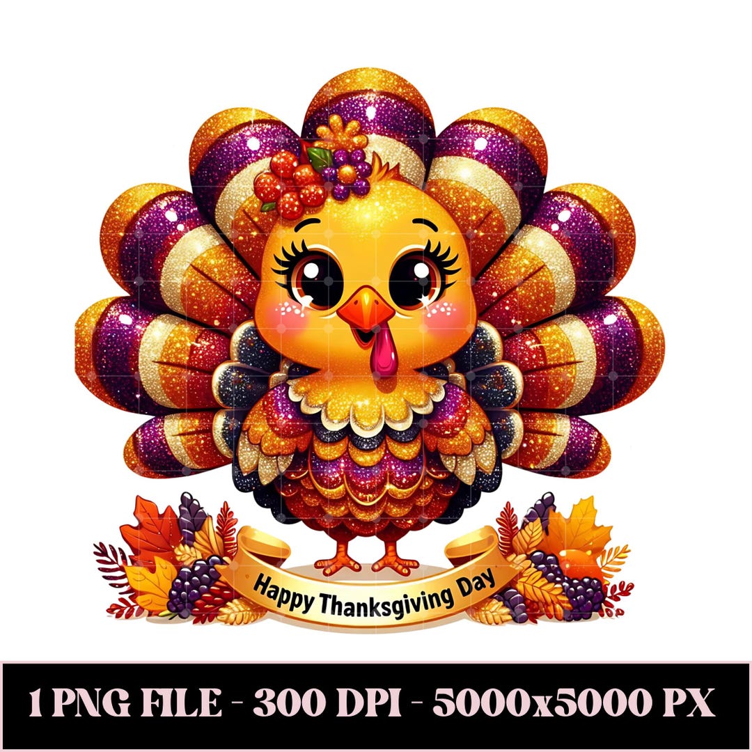 Glittery Cute Turkey PNG Clipart, Thanksgiving Sublimation Design for ...