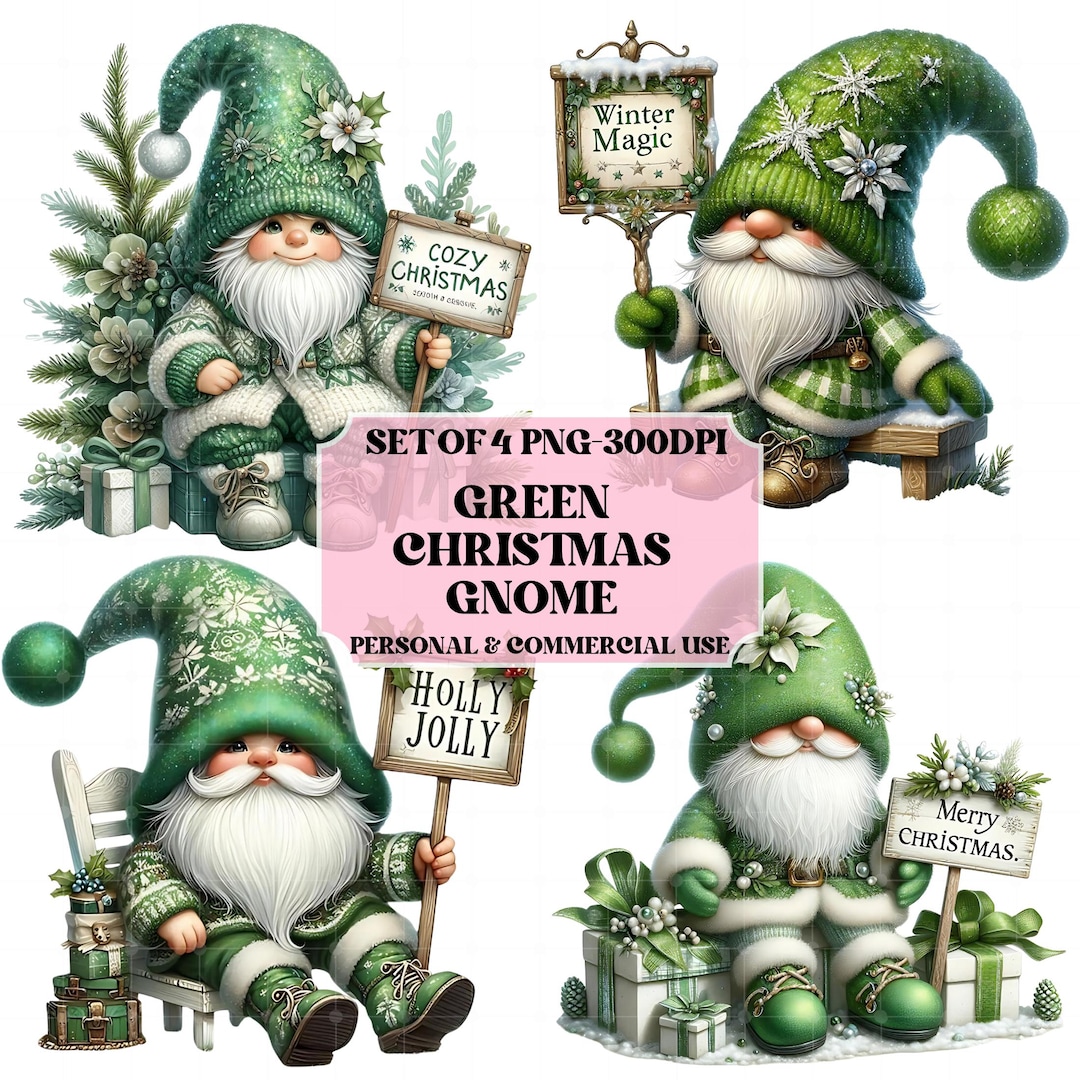 Green Christmas Gnome PNG Clipart, Set of 4 PNG, Christmas Sublimation ...