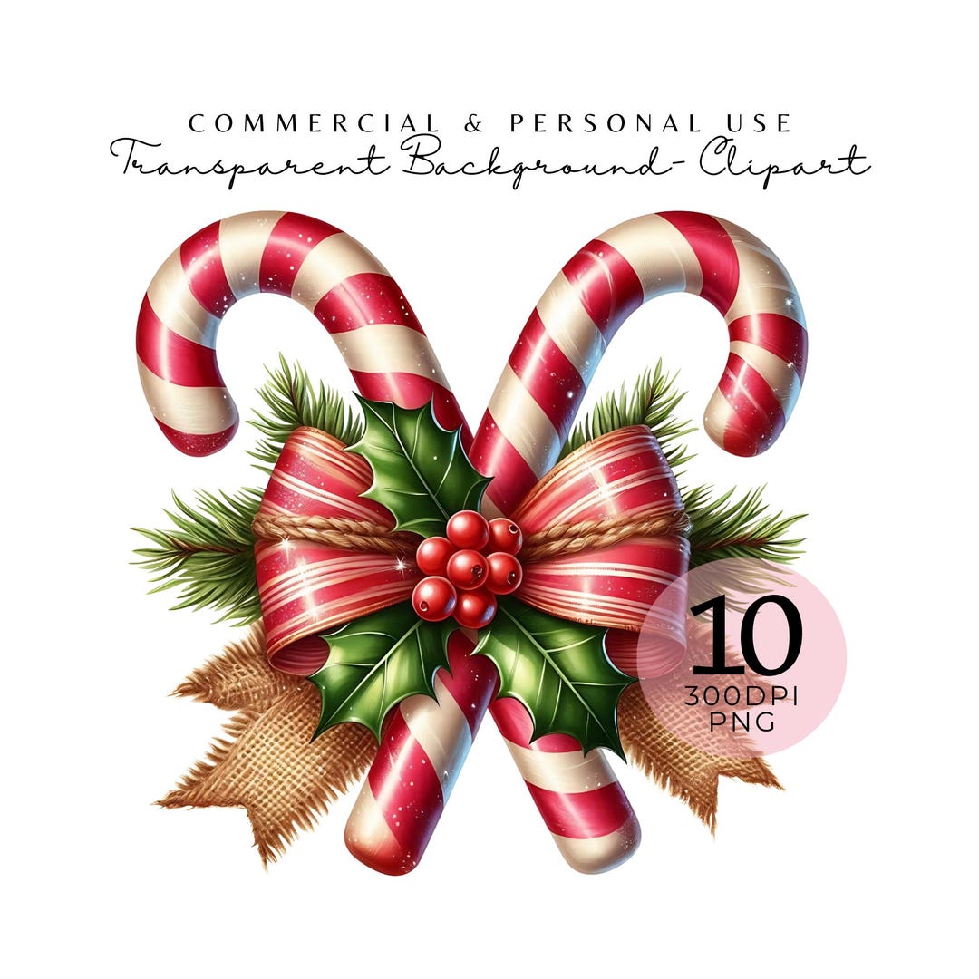 Christmas Candy Cane PNG Clipart Set: 10 Watercolor Holiday ...