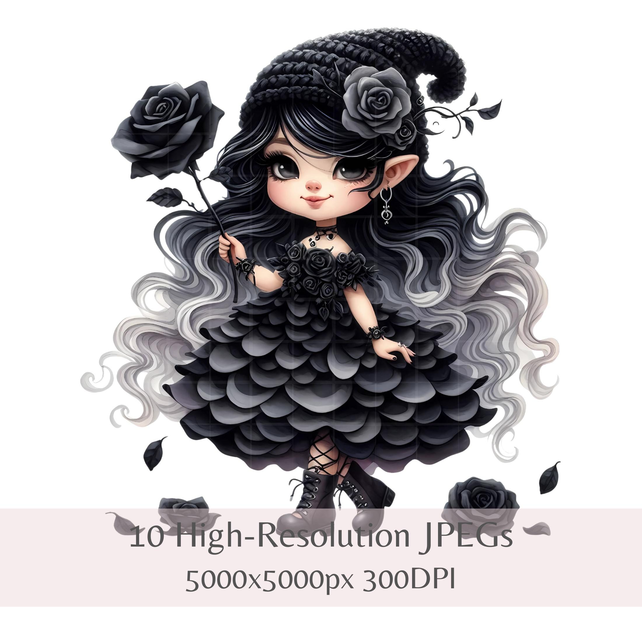 Black Rose Gothic Gnome Clipart: Watercolor Floral Jpegs (instant ...