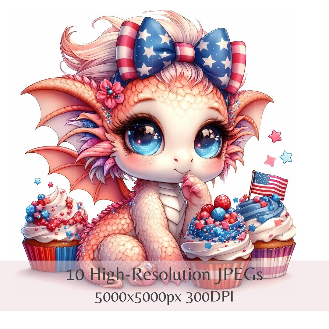 Patriotic Baby Dragon Clipart, 4th of July Cupcake Dragons, 10 ...