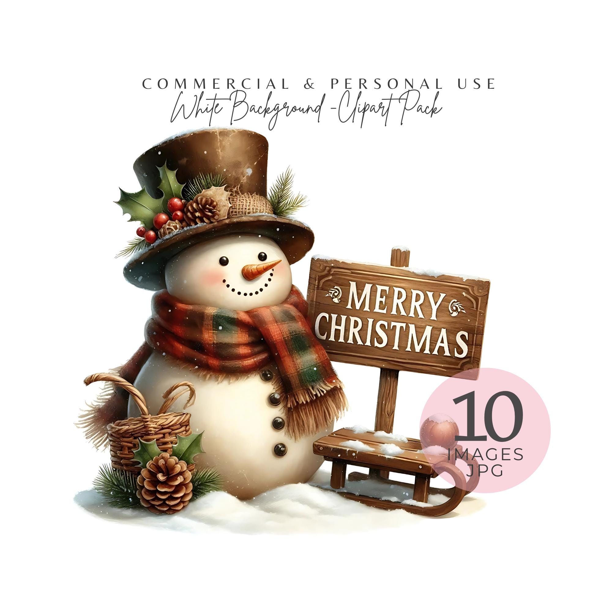 Vintage Christmas Snowman Clipart: 10 Farmhouse Winter JPG Sublimation ...