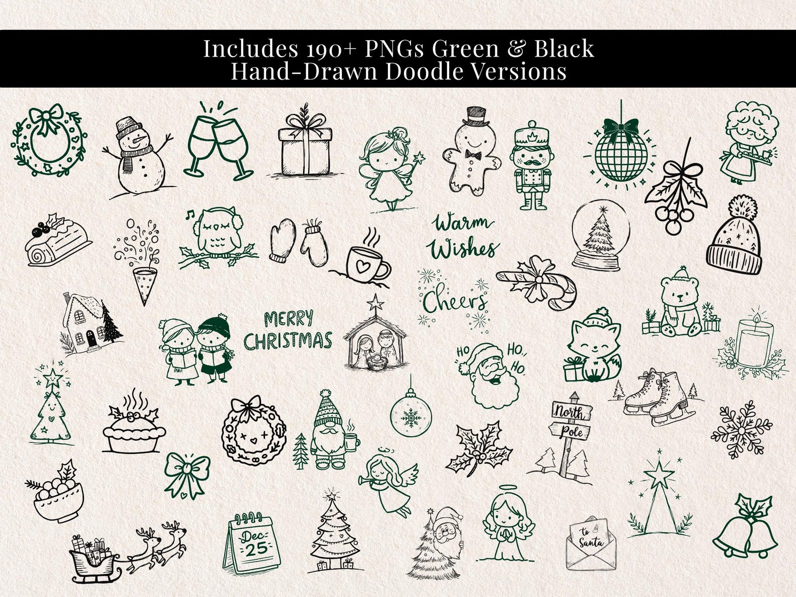 Christmas Hand Drawn Doodle PNG Clipart Bundle Festive Line Art ...
