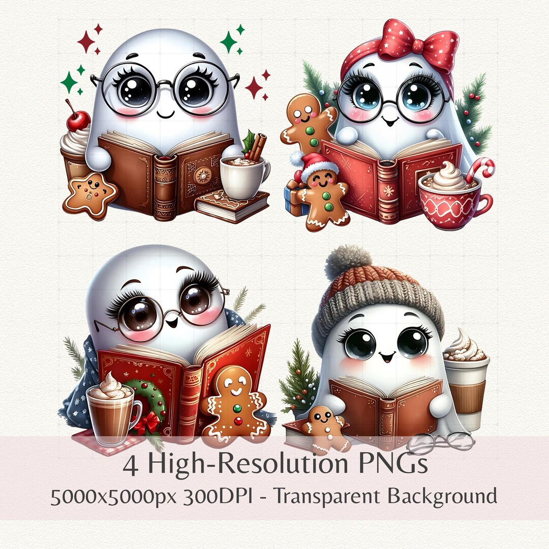 Christmas Ghost Reading PNG Clipart Set | 4 High Quality 300 DPI | Cute ...