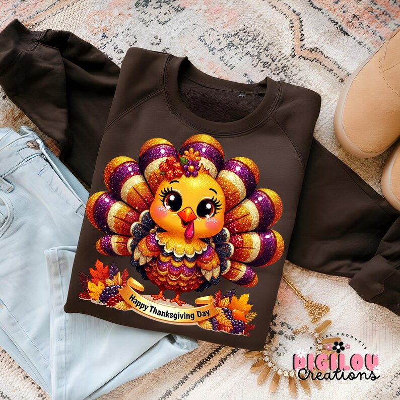 Glittery Cute Turkey PNG Clipart, Thanksgiving Sublimation Design for ...