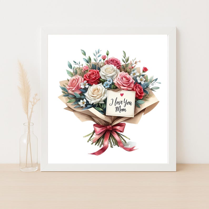 Floral Mom Bouquet PNG: Watercolor Mother's Day Clipart (instant ...