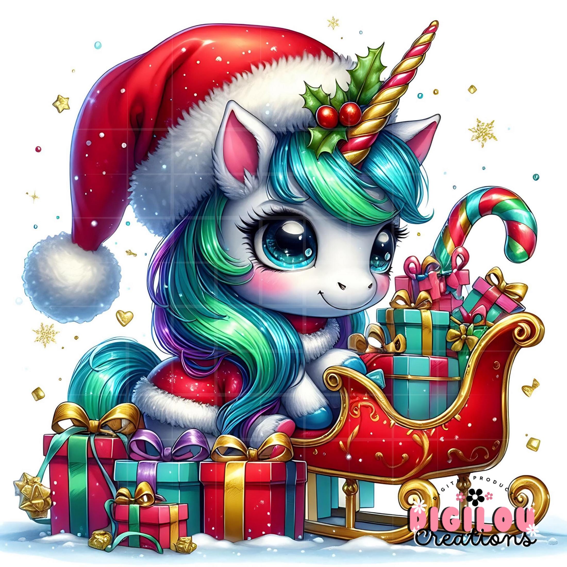 Christmas Sleigh Unicorn Clipart, 10 Watercolor Baby Unicorn High ...