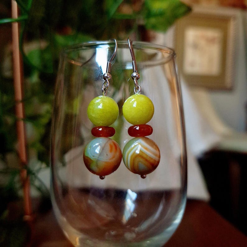Lime Green Jade, Carnelian, & Peacock Agate Stone Drop Earrings ...