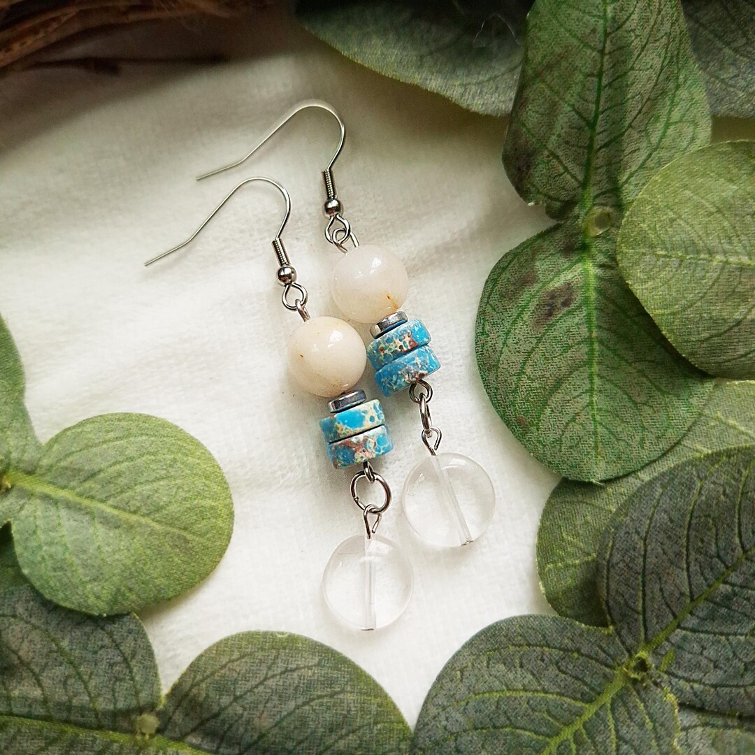 Turquoise Imperial Jasper, Chalcedony, & Glass Drop Earrings, Stainless ...