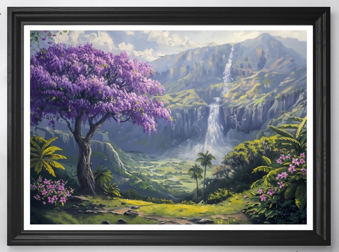 Jacaranda With Waterfall and Tropical Forest, High Res Wall Art Print ...