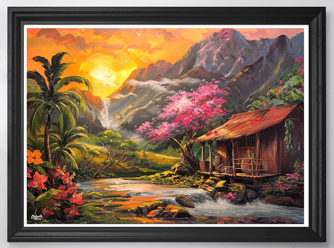 Country House With Pink Oak Tree in Bloom at Sunset, River, High Res ...