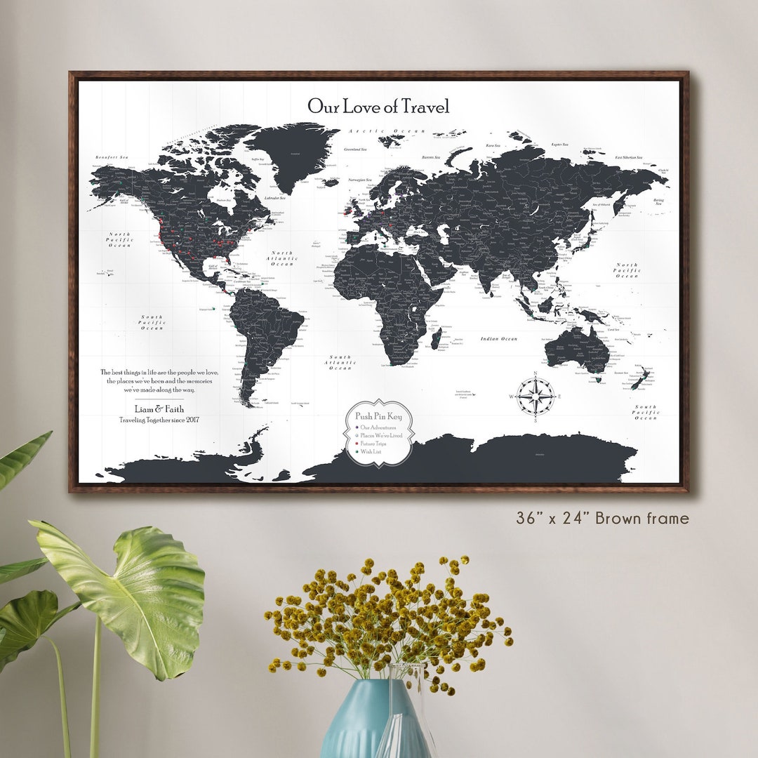 Personalized Push Pin Map On Canvas Personalized World Map A Etsy