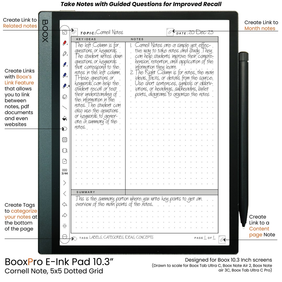 Onyx Boox Cornell Notes Dynamic PNG Custom Templates for 10.3" E-ink ...
