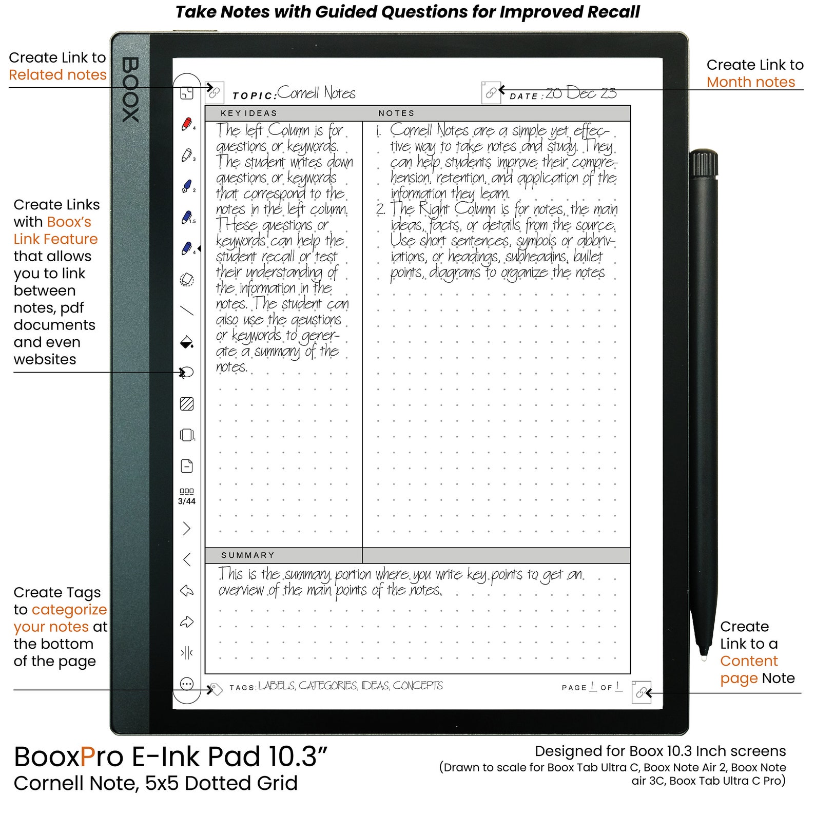 Onyx Boox Cornell Notes Dynamic PNG Custom Templates for 10.3" E-ink ...