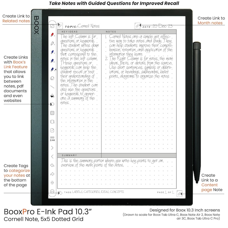 Onyx Boox Cornell Notes Dynamic PNG Custom Templates for 10.3" E-ink ...