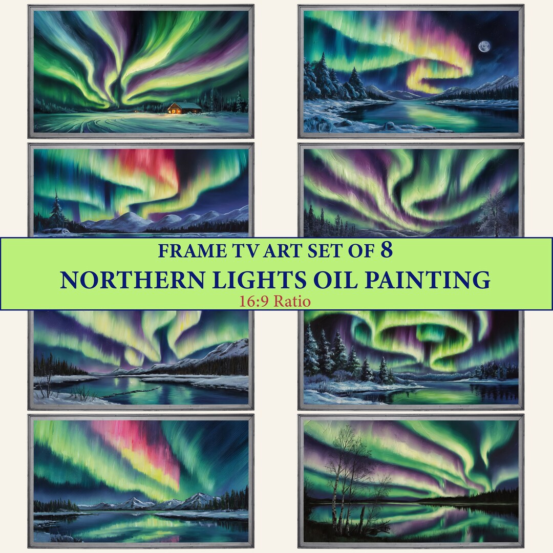 Northern Lights Frame Tv Art Set of 8, Aurora Borealis Oil Painting Art ...