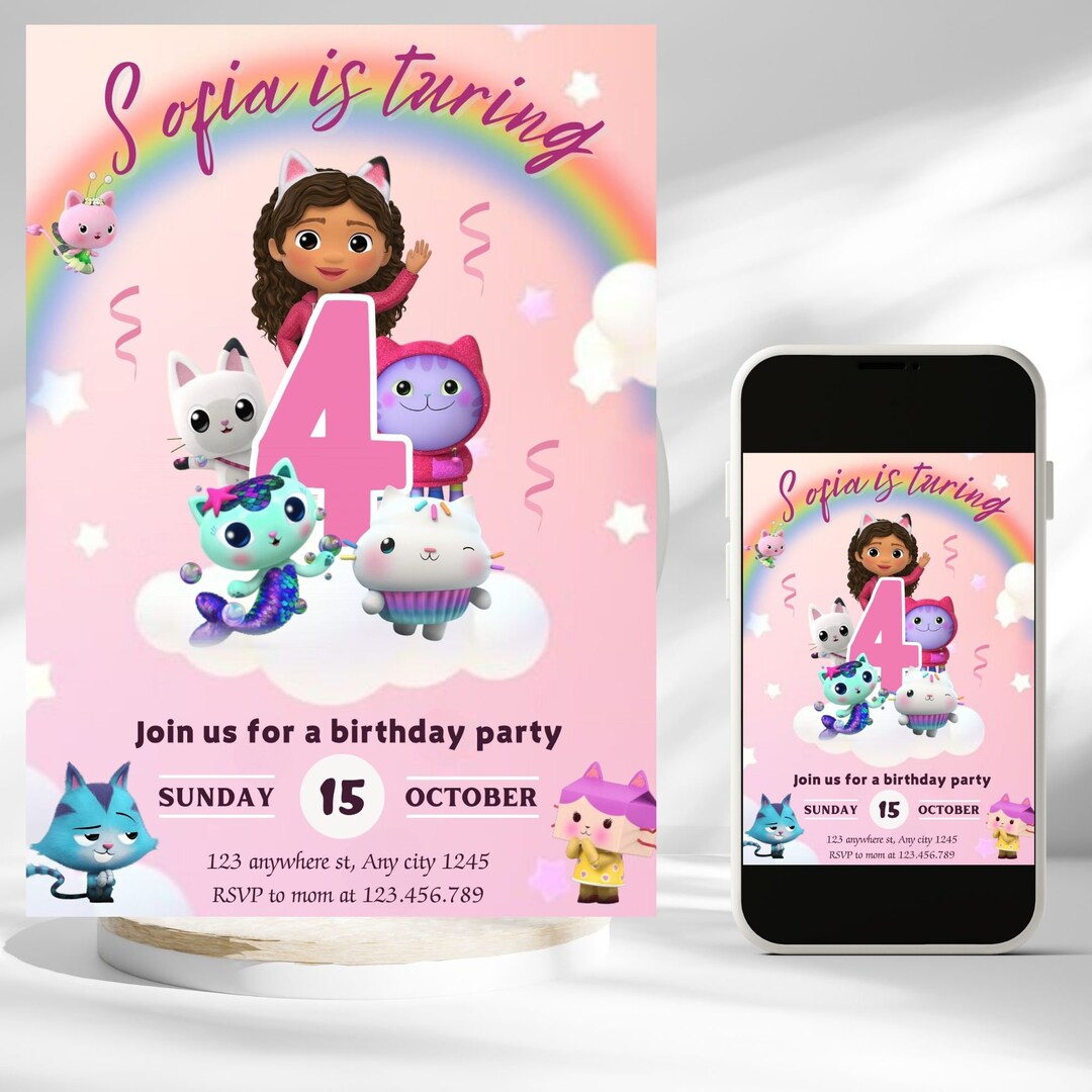 Editable Gabby's Kids Birthday Invite Gabbys Dollhouse Birthday ...