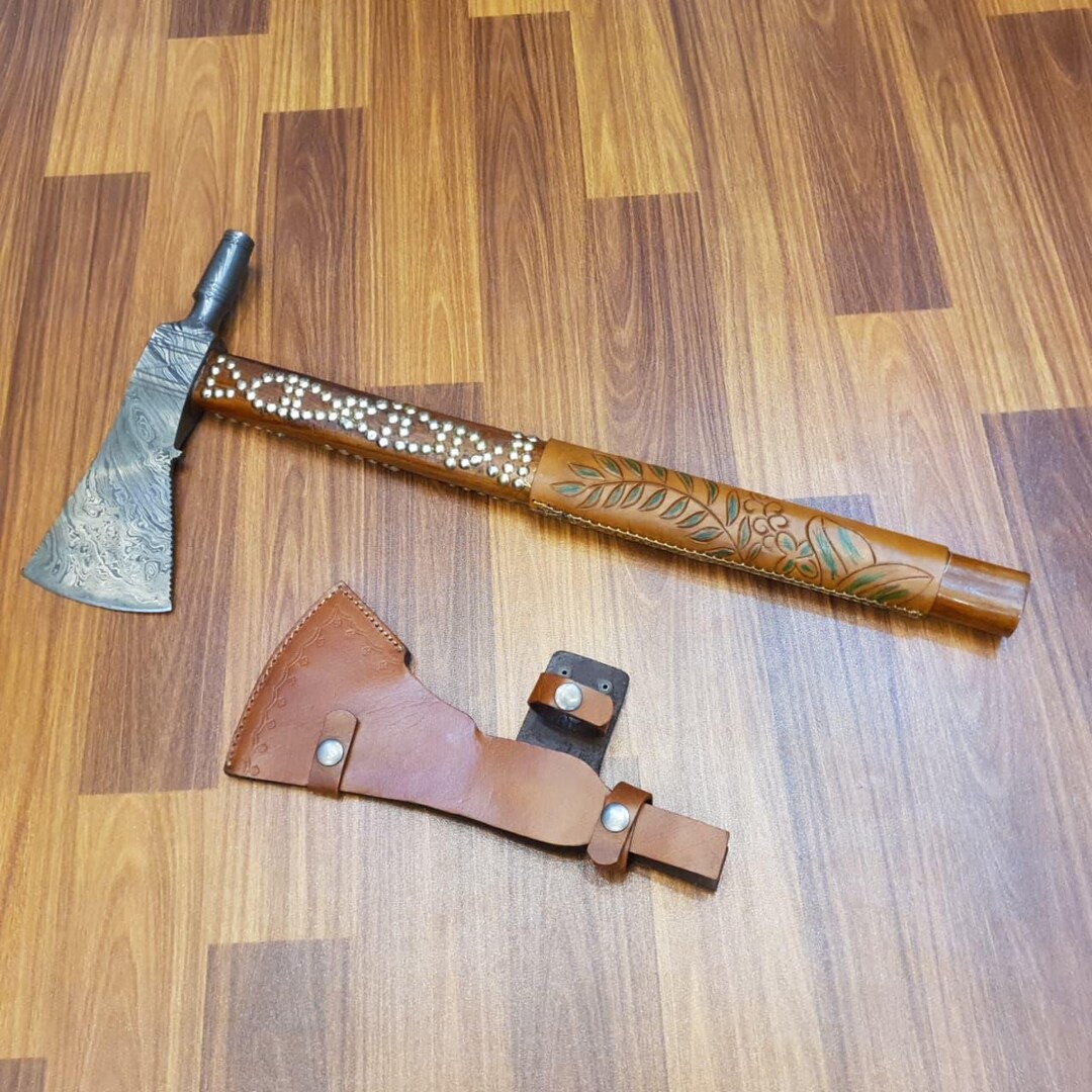 Handmade Damascus Steel Viking Axe – Engraved Wood Handle, Leather ...
